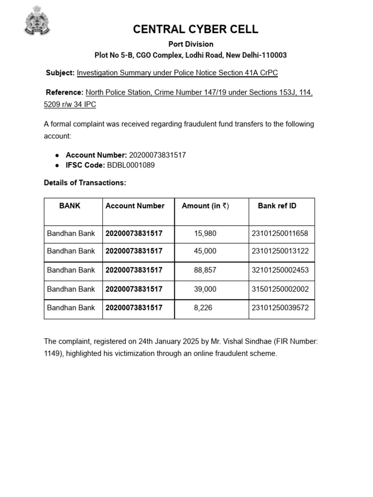 Investigation Summary Under Police Notice Section 41A CRPC | PDF ...