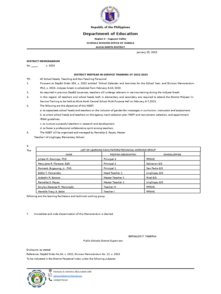 Disctrict Inset MEMORANDUM 2022 2023finally | PDF | Teachers | Teaching