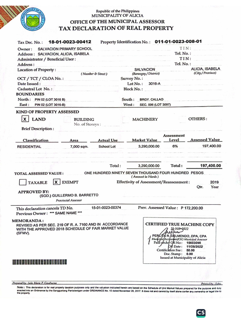 Tax Declaration of Salvacion ES | PDF