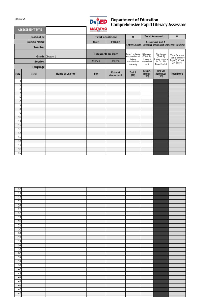 Grade 1 Literacy Assessment Scoresheet | PDF | Reading Comprehension ...