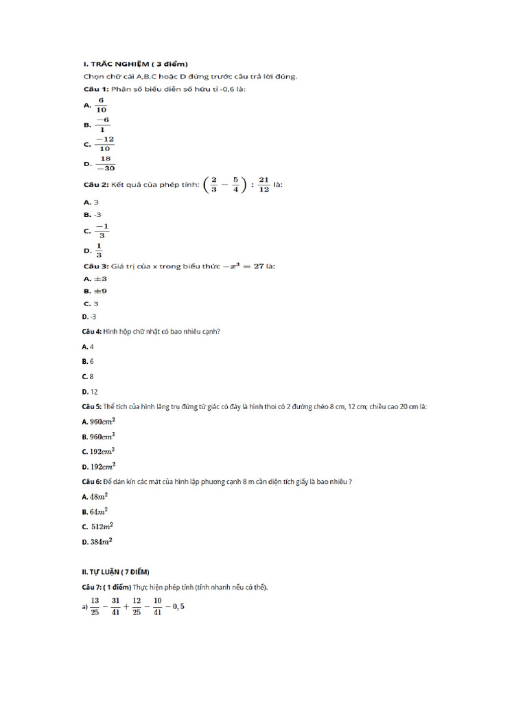 đề thi toán lớp 7 giữa hk1 | PDF