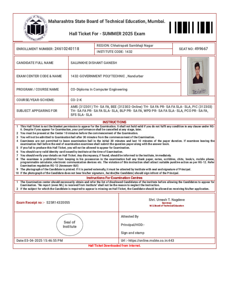 HALL TICKET FOR SUMMER 2025 of 24610240118 Dishant | PDF