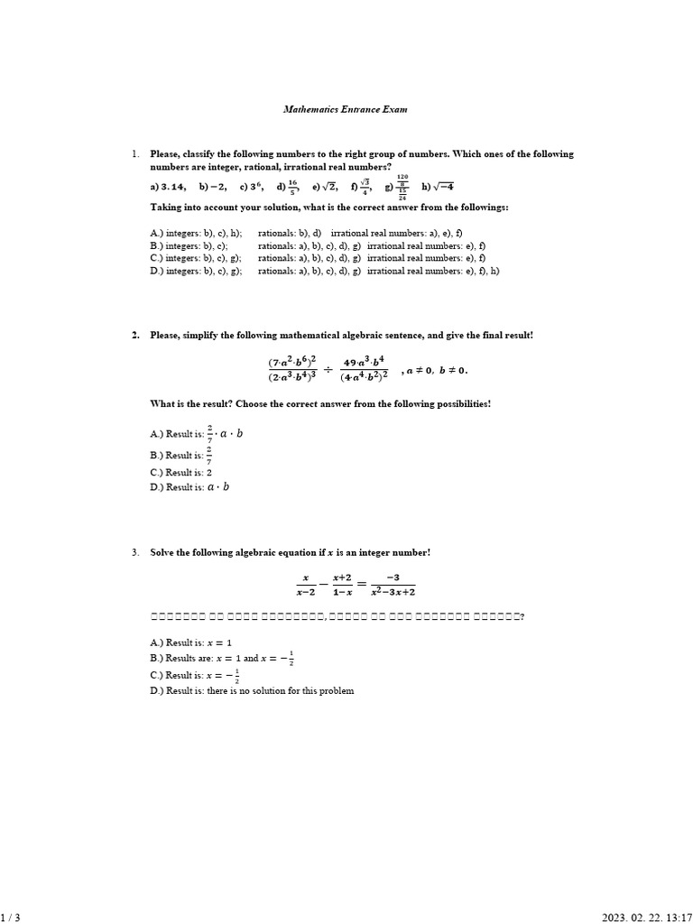 Maths Entrance Exam Questions | PDF | Real Number | Rational Number