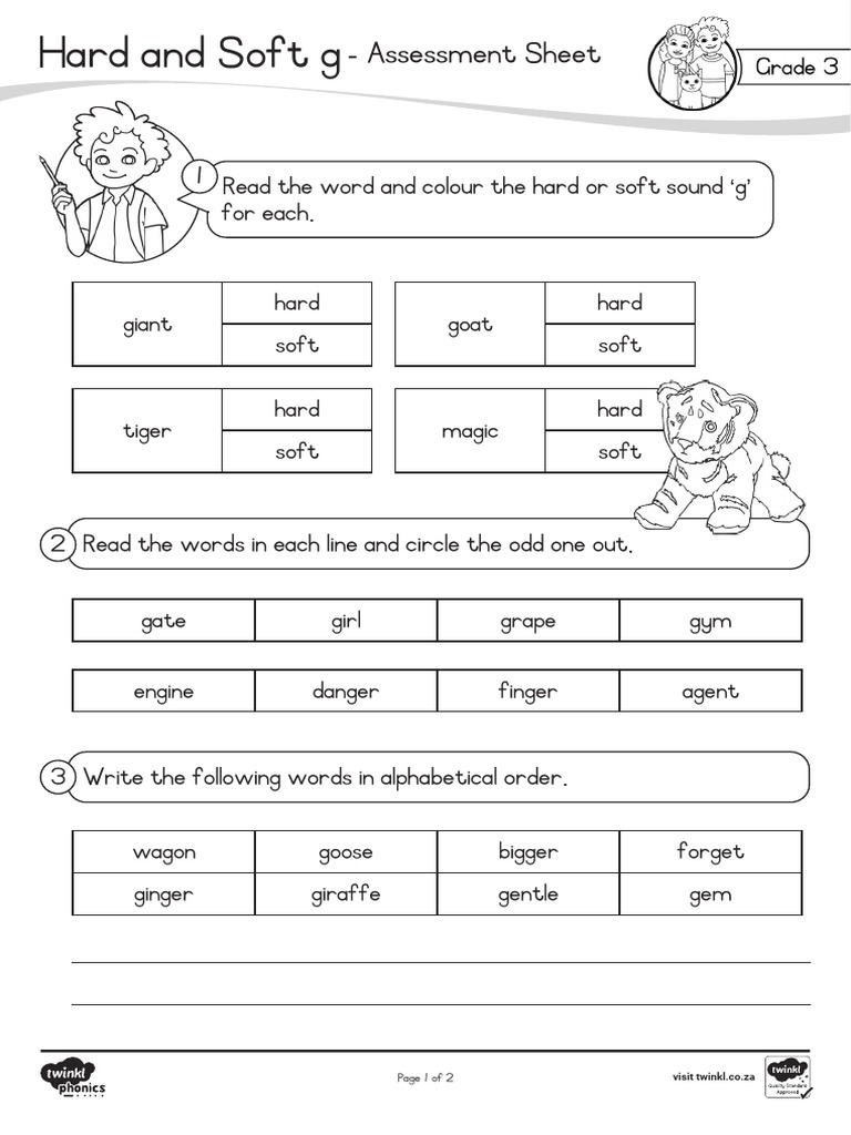 Grade 3 Phonics - Hard and soft g Assessment Sheet BW | PDF