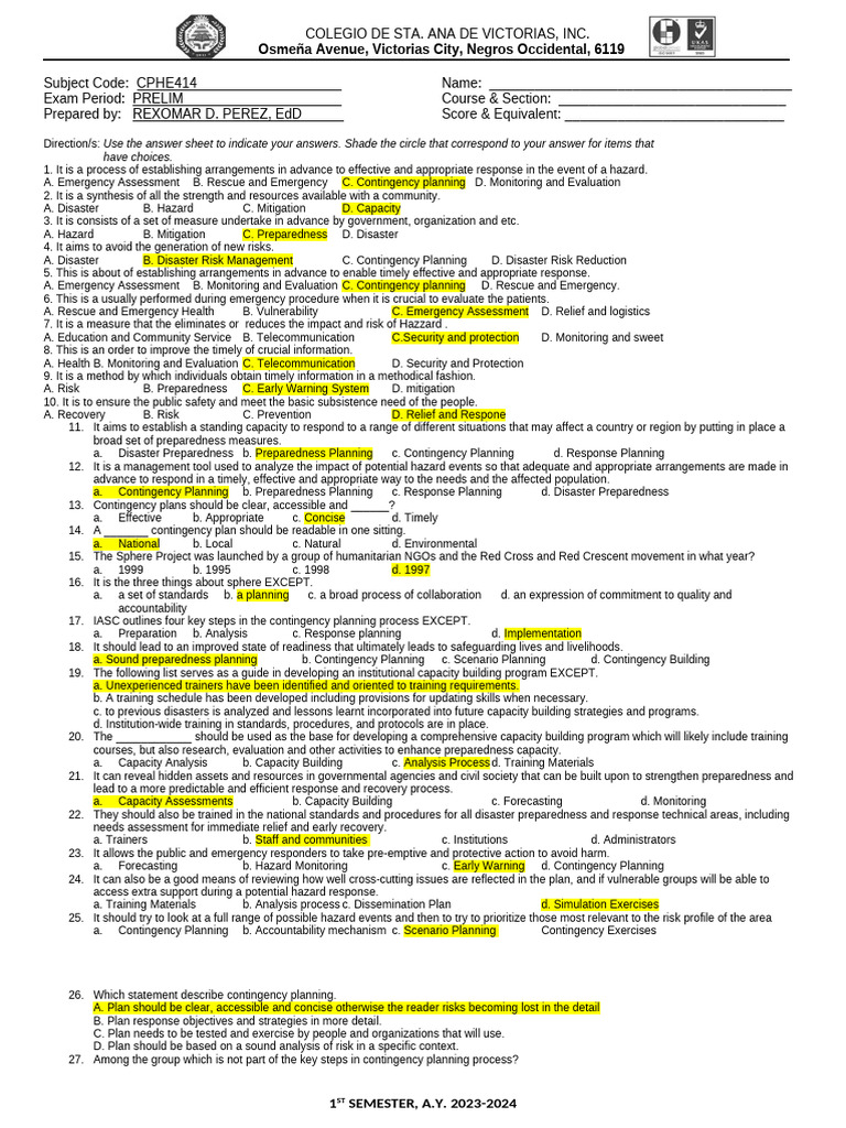PRELIM EXAM 2024 Key Answers | PDF | Emergency Management | Disaster ...