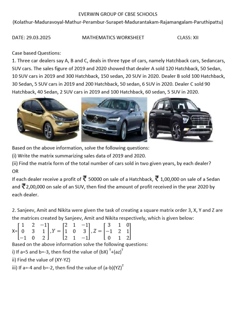 Class XII Maths Worksheet on Matrices | PDF | Matrix (Mathematics ...