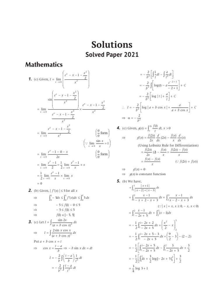 WB JEE Solved Paper 2021 Solution | PDF | Calculus | Subtraction