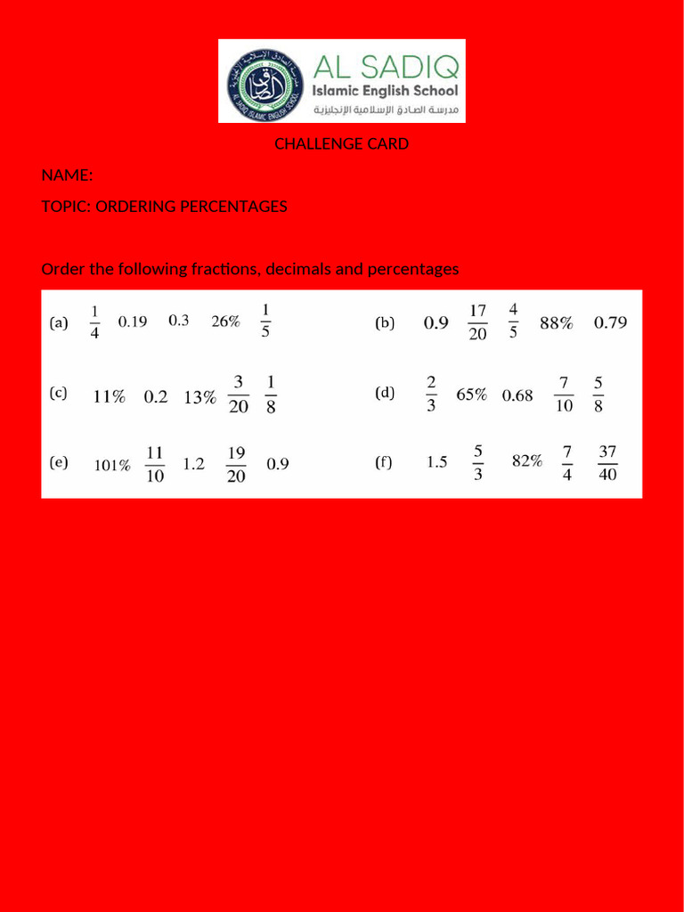Ordering Fractions, Decimals, Percentages | PDF