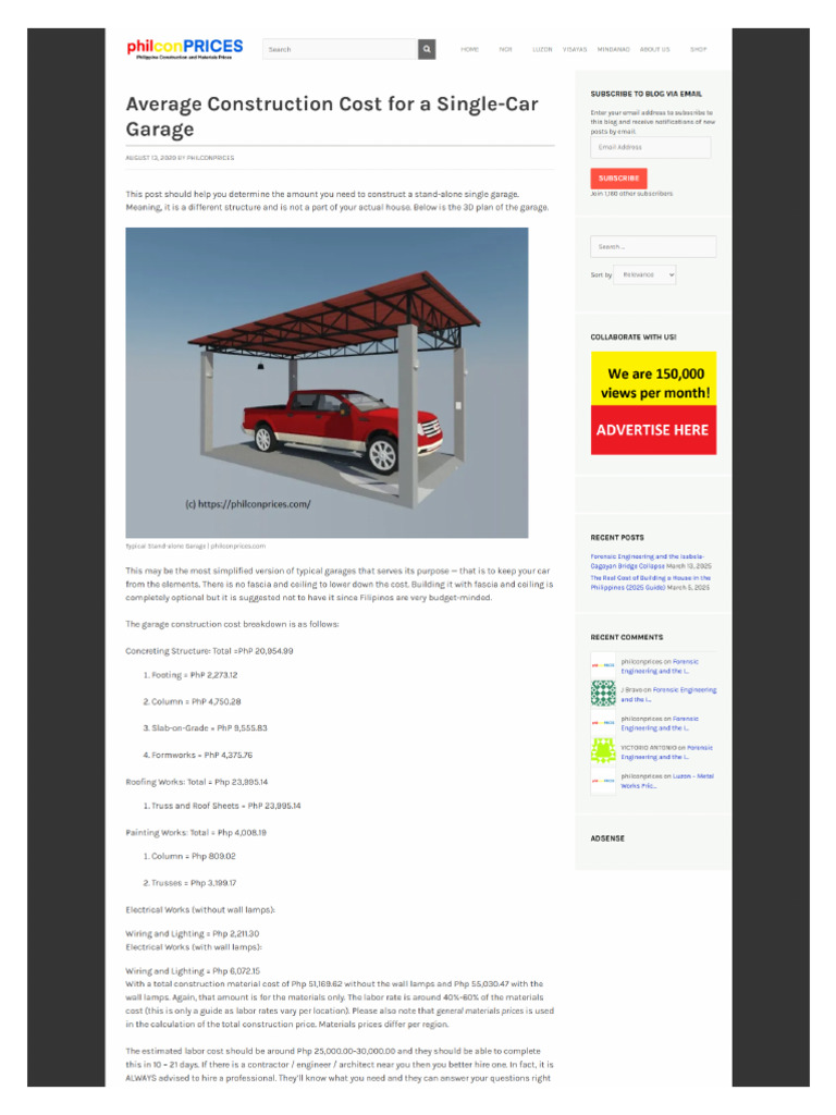 Philconprices 2020 08 Average Construction Cost For A Single Car Garage ...