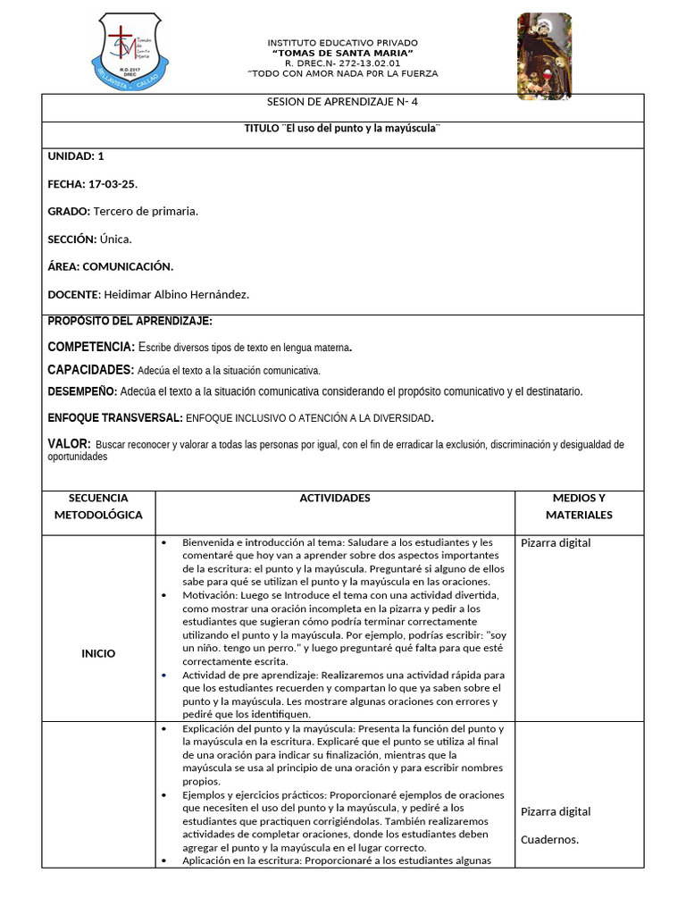 comunicacion SESION DE APRENDIZAJE N 4 el punto y la mayuscula | PDF ...