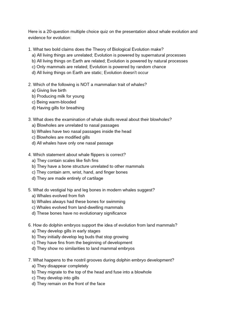 Whale Evolution and Evidences of Evolution Quiz | PDF | Evolution | Whales