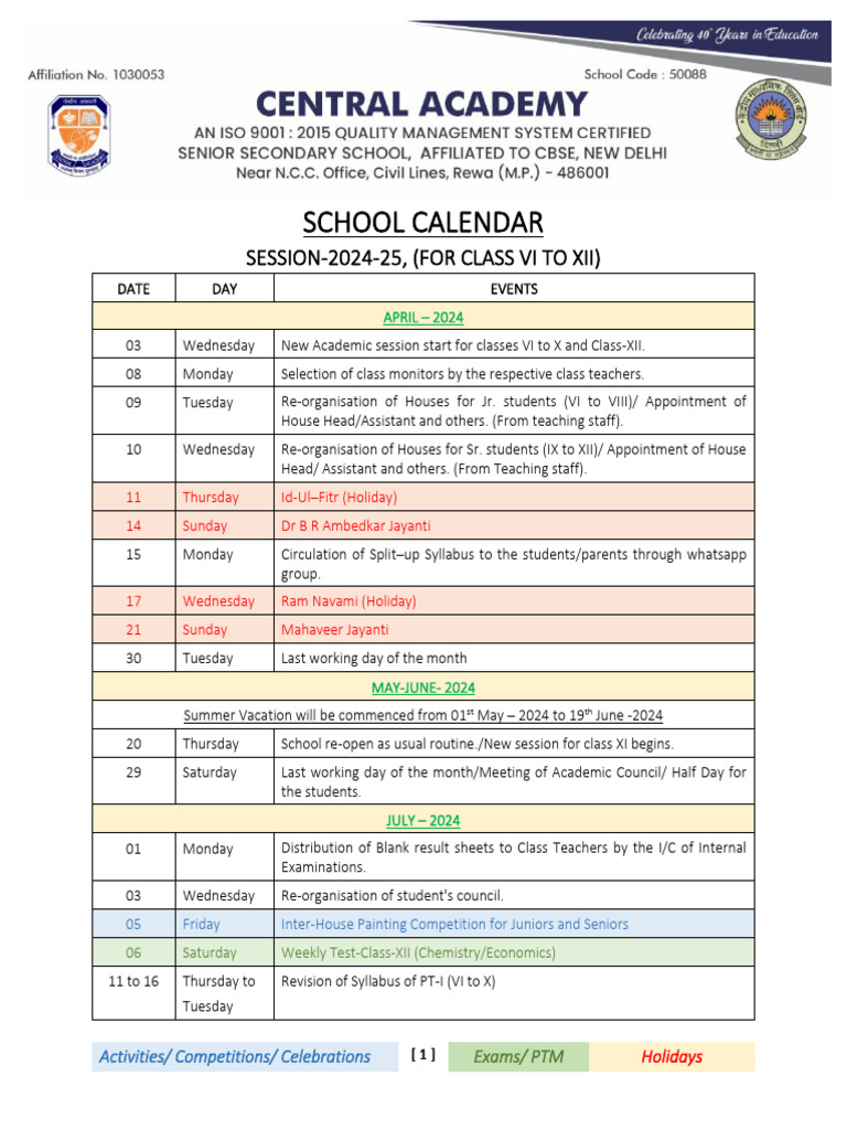 School Calender-24-25 Second Shift | PDF | Holidays | Observances