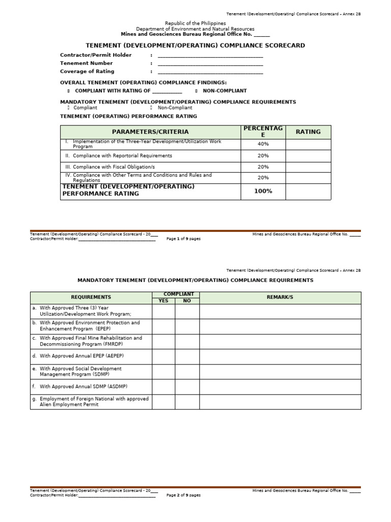 Annex 2B - Tenement (Operating) Scorecard | PDF | Regulatory Compliance | Royalty Payment