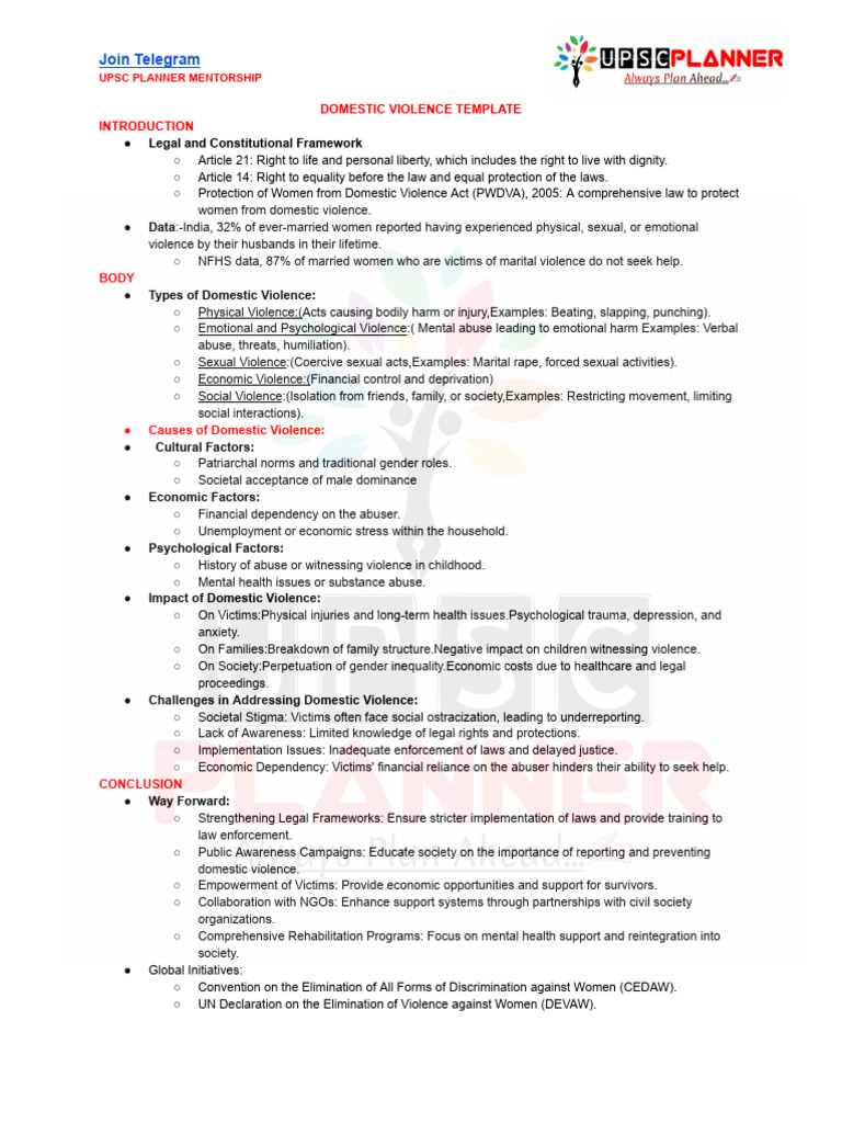 Templates by Upsc Planner | PDF | Domestic Violence | Violence