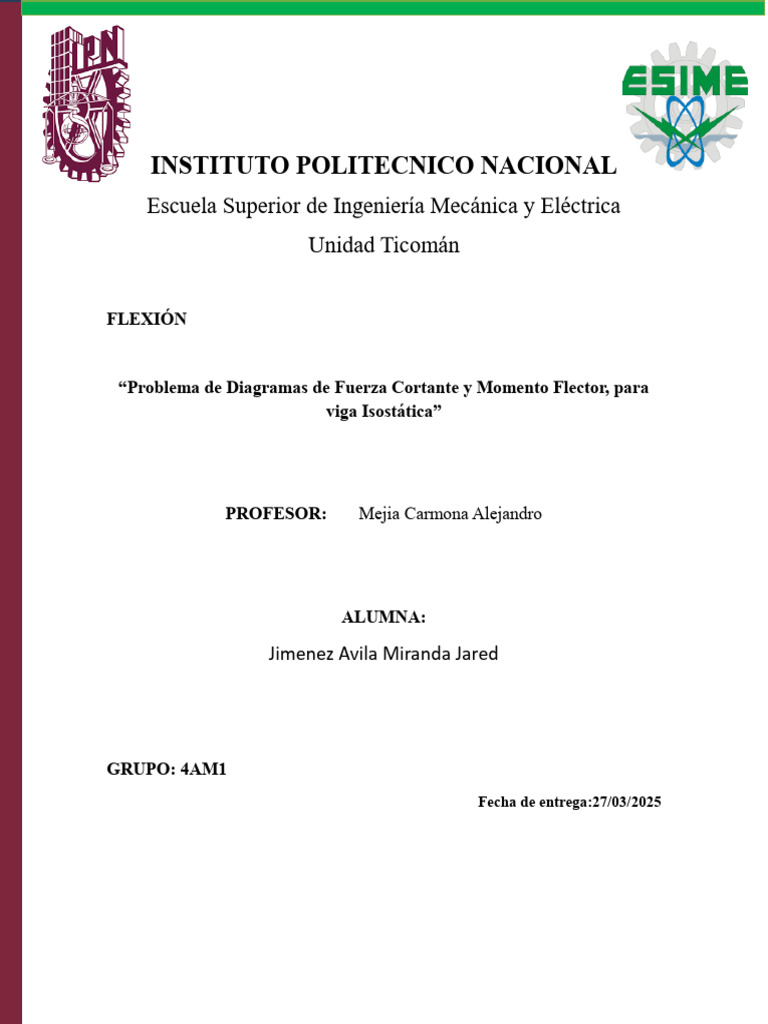 Tarea 11b. Problema de Diagramas de Fuerza Cortante y Momento Flector, para Viga Isostática ...
