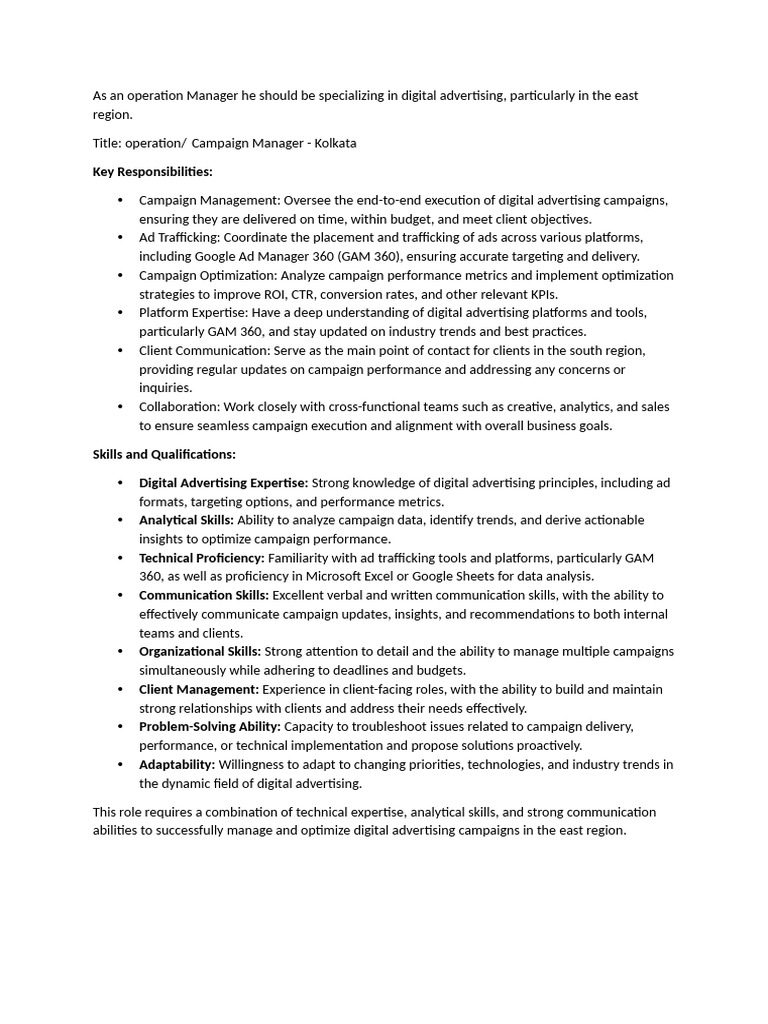 Operation Manager - Kolkata | PDF | Advertising | Online Advertising