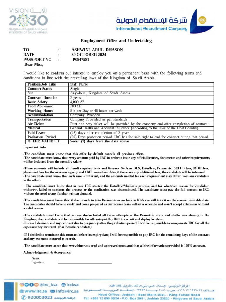 Employment Offer for Staff Nurse in KSA | PDF | Business