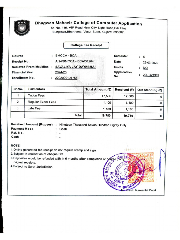 Fee Receipt Sem-6 | PDF