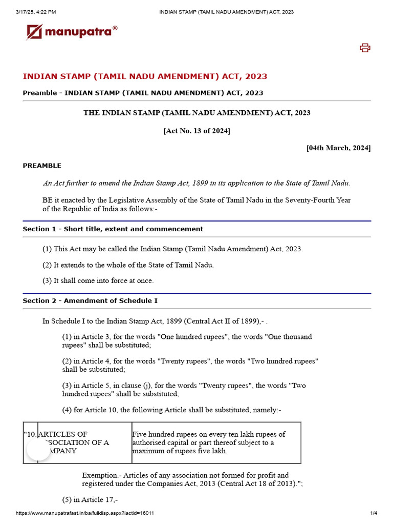 Indian Stamp (Tamil Nadu Amendment) Act, 2023 | PDF | Tamil Language | Civil Law (Common Law)