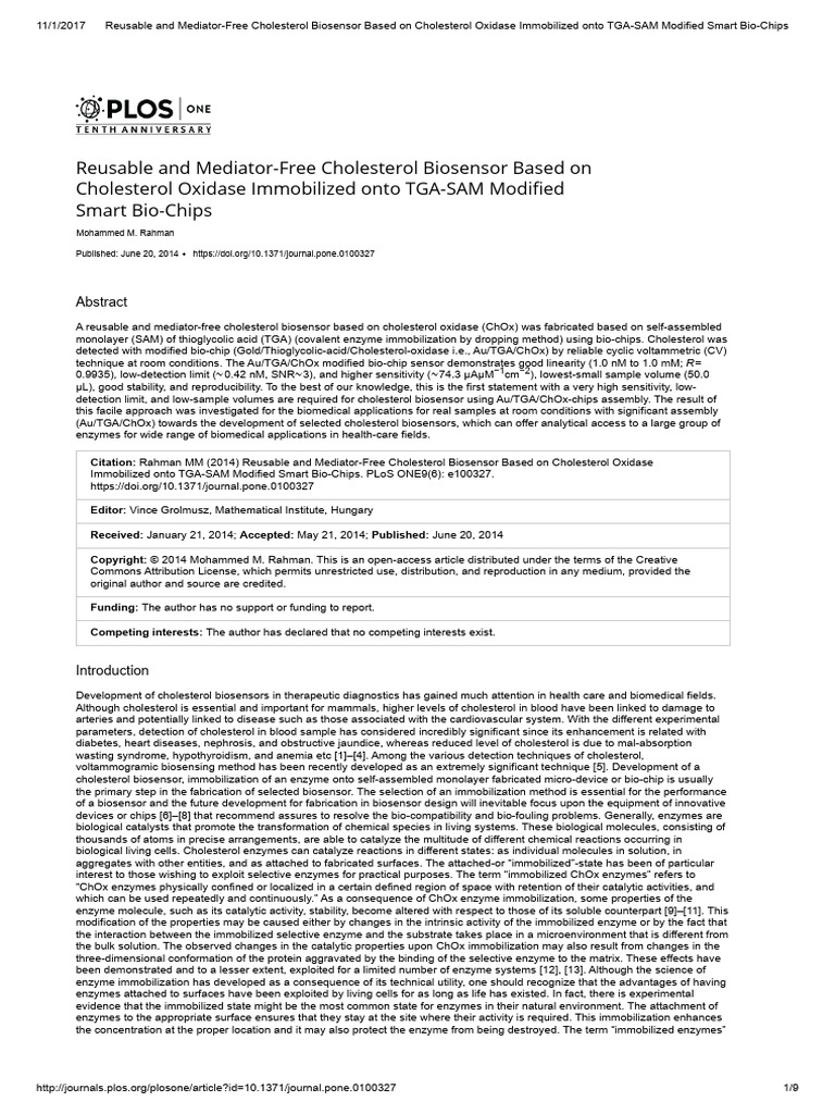 Reusable and Mediator-Free Cholesterol Biosensor Based On Cholesterol ...