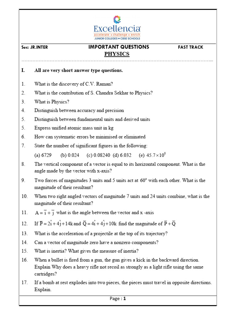Fast Track Physics: Key Questions for Class 11 | PDF | Collision | Gases
