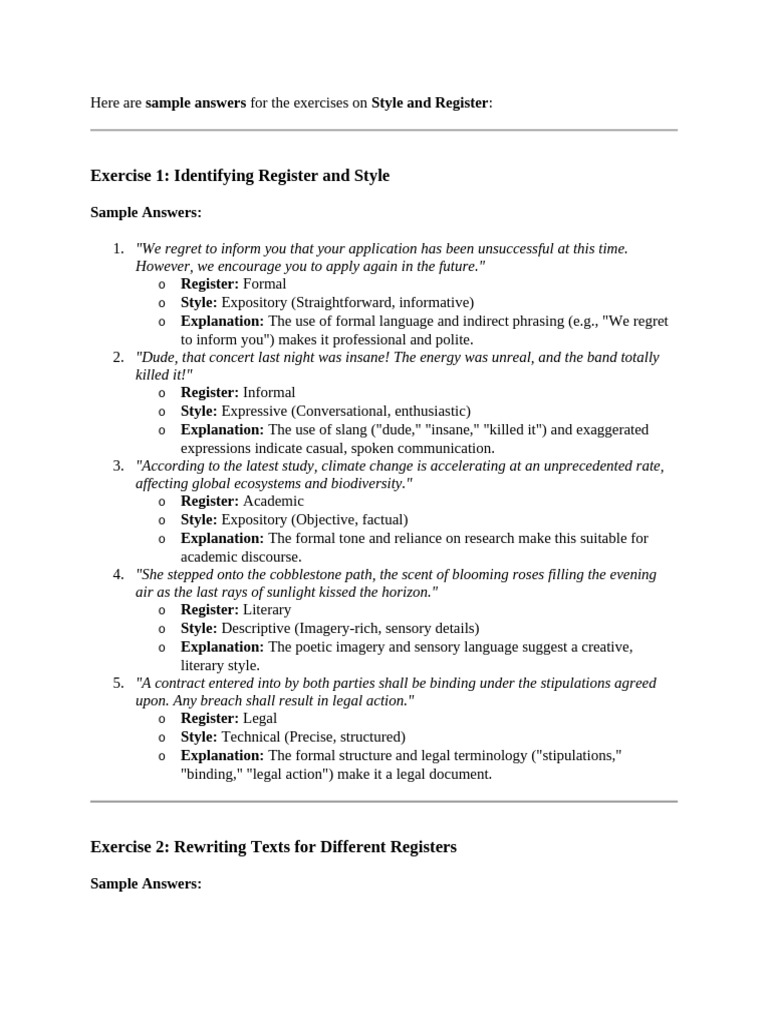 A - Sample Answers For The Exercises On Style and Register | PDF