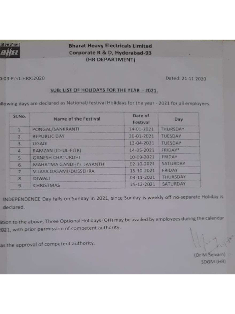 Bhel RND Holidays | PDF