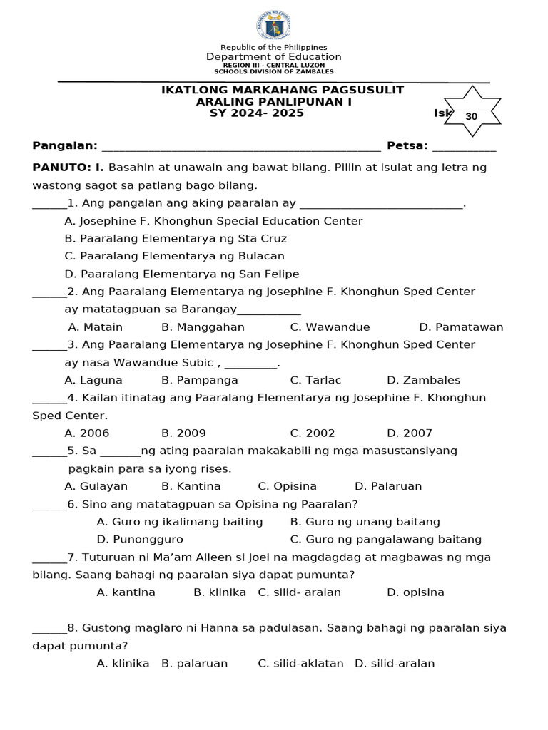 Ikatlong Markahang Pagsusulit Araling Panlipunan I Sy 2024-2025 Iskor: Pangalan: - Petsa ...