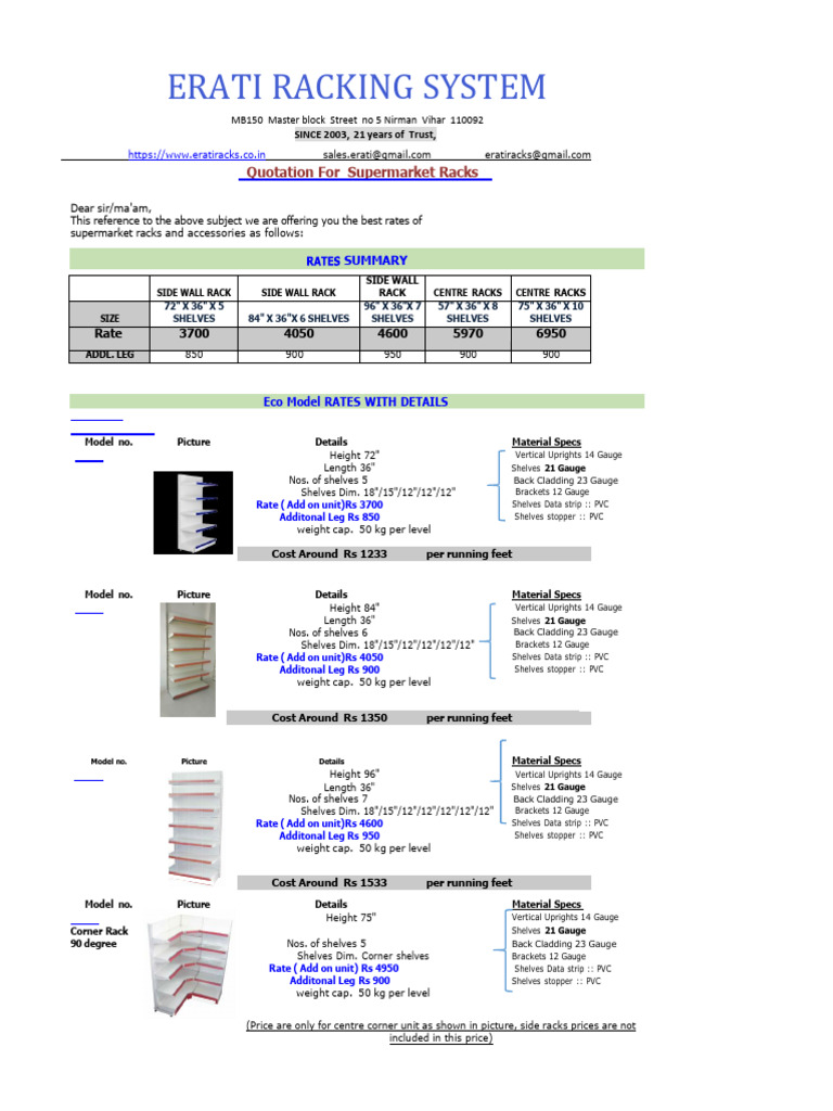 Quotation For Supermarket Racks - ERATI RACKING SYSTEM | PDF