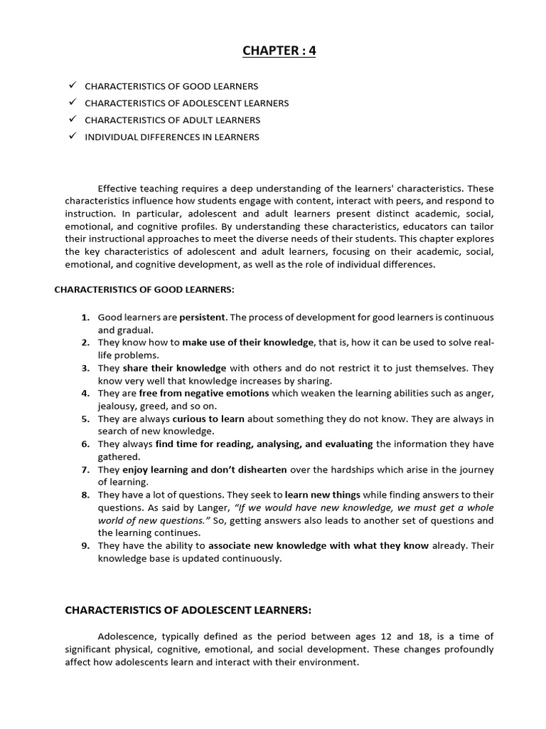 Characteristics of Adolescent and Adult Learners | PDF | Learning ...