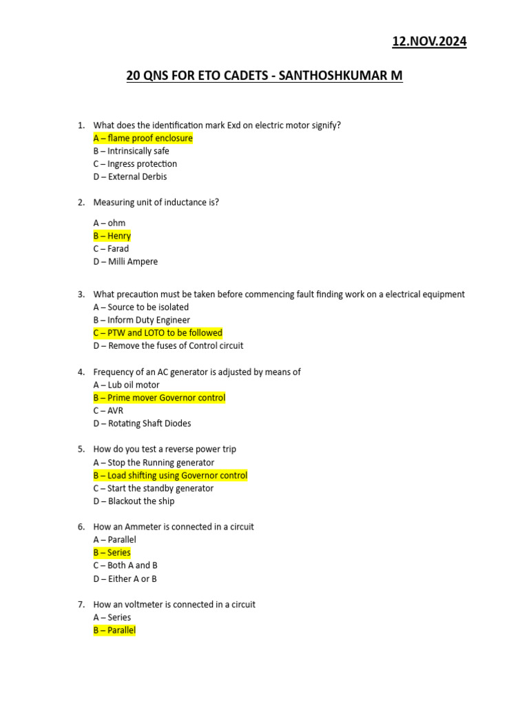 ETO Cadet Exam Questions and Answers | PDF | Fuse (Electrical ...