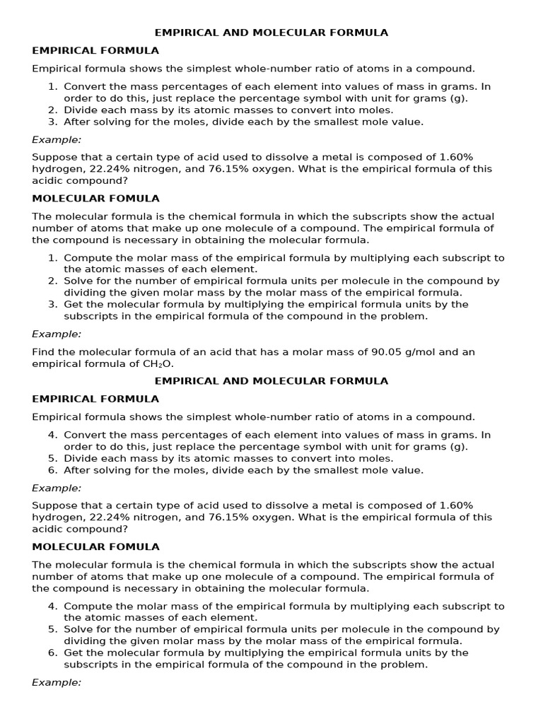 Empirical vs. Molecular Formula Guide | PDF | Mole (Unit) | Molecules