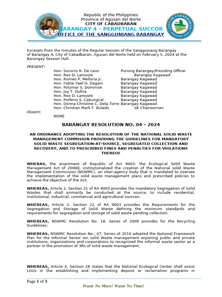 Barangay 4 Solid Waste Management Resolution | PDF | Waste | Waste ...