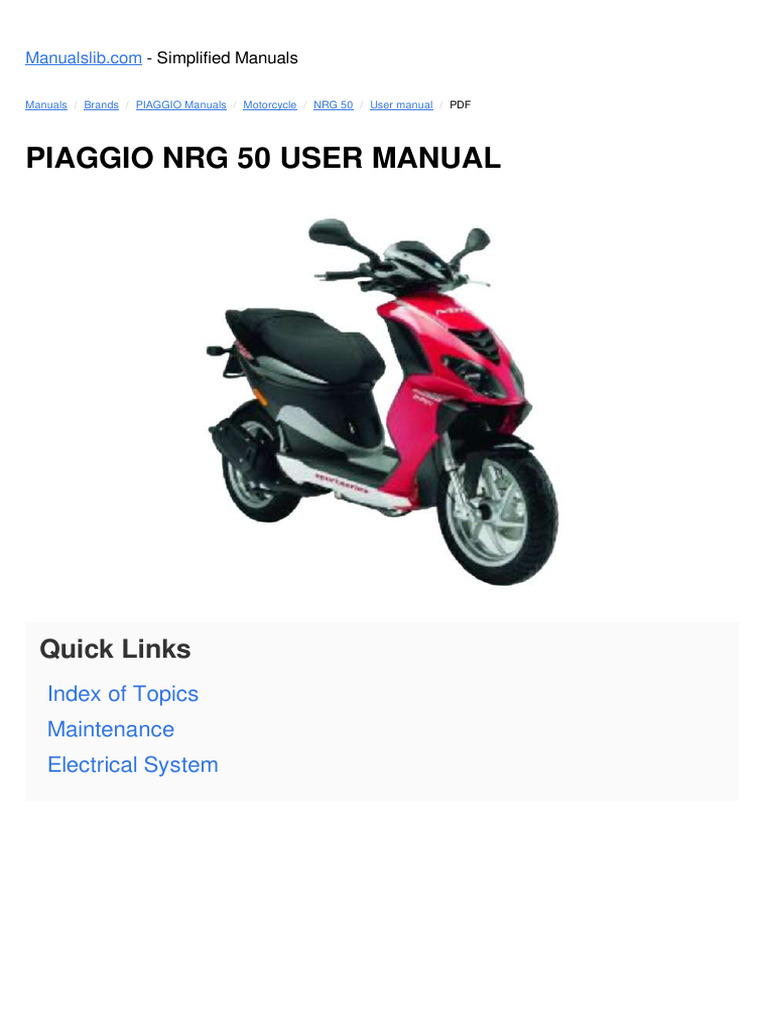 Piaggio NRG 50 User Manual: Quick Links | PDF | Brake | Manual Transmission