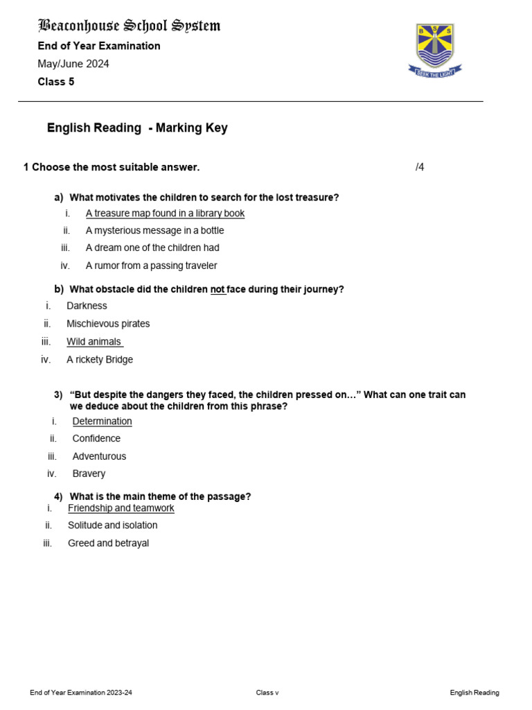 5 - English - Reading - Marking Scheme | PDF