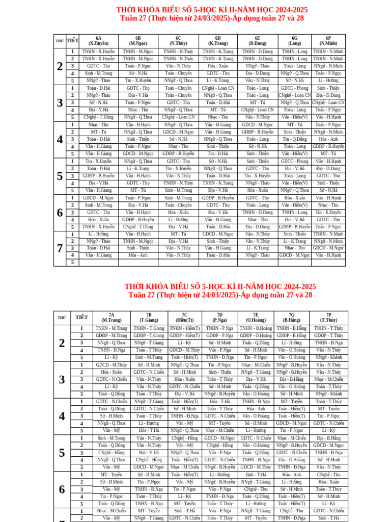 TKB HOC SINH AP DUNG TU NGAY 24 THANG 3 NAM 2025-TUAN 27 VA 28 | PDF
