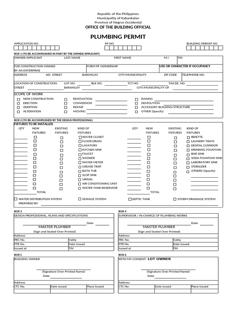 Plumbing Permit Application Form | PDF | Plumbing | Sink