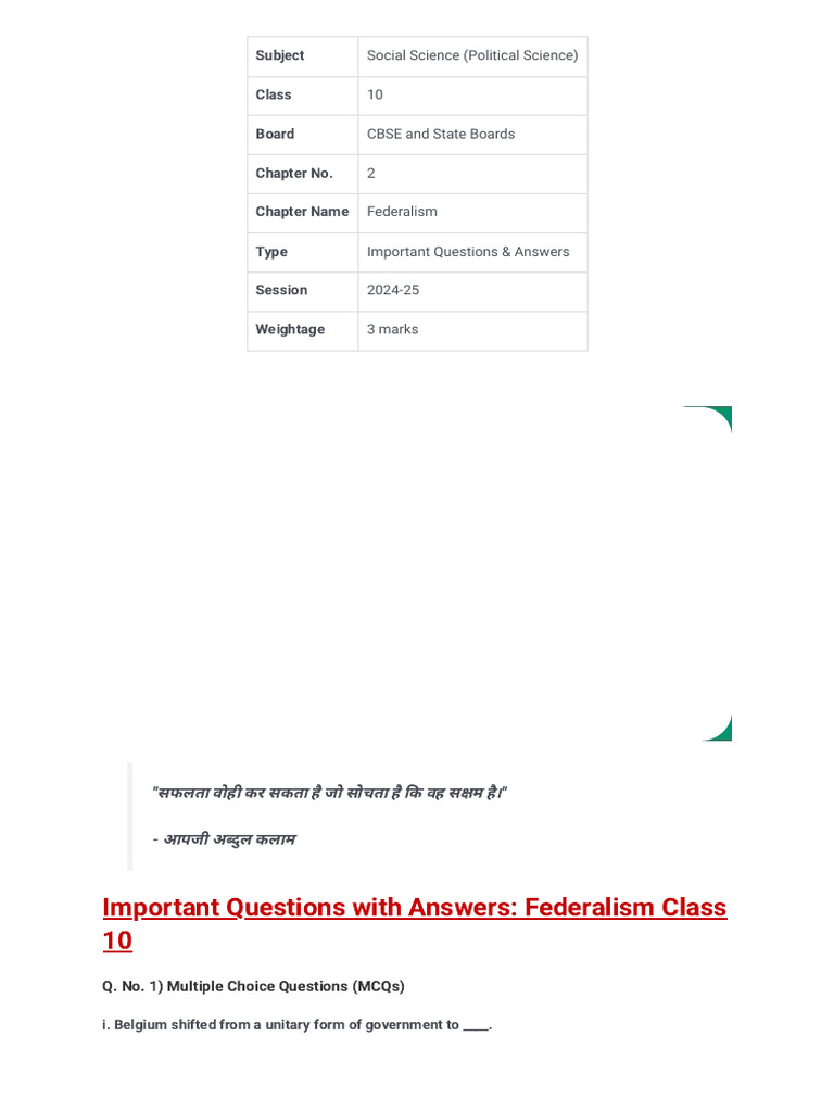 Federalism Class 10 Most Important Questions and Answers - CBSE | PDF ...