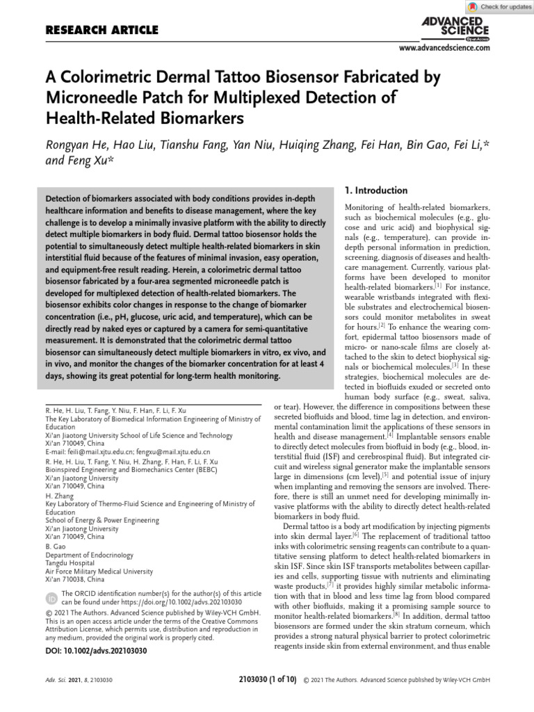 A Colorimetric Dermal Tattoo Microneedle Patch For Multiplexed | PDF | Biosensor | Sensor