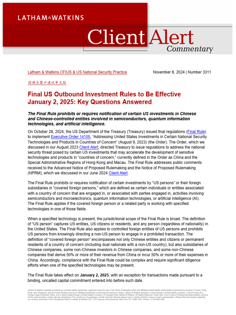 Final US Outbound Investment Rules Effective January 2025 Key Questions ...
