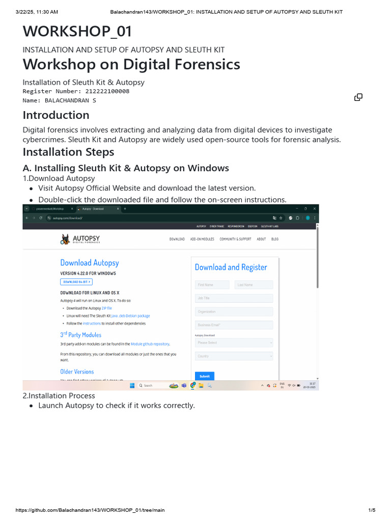 Balachandran143_WORKSHOP_01_ INSTALLATION AND SETUP OF AUTOPSY AND SLEUTH KIT | PDF