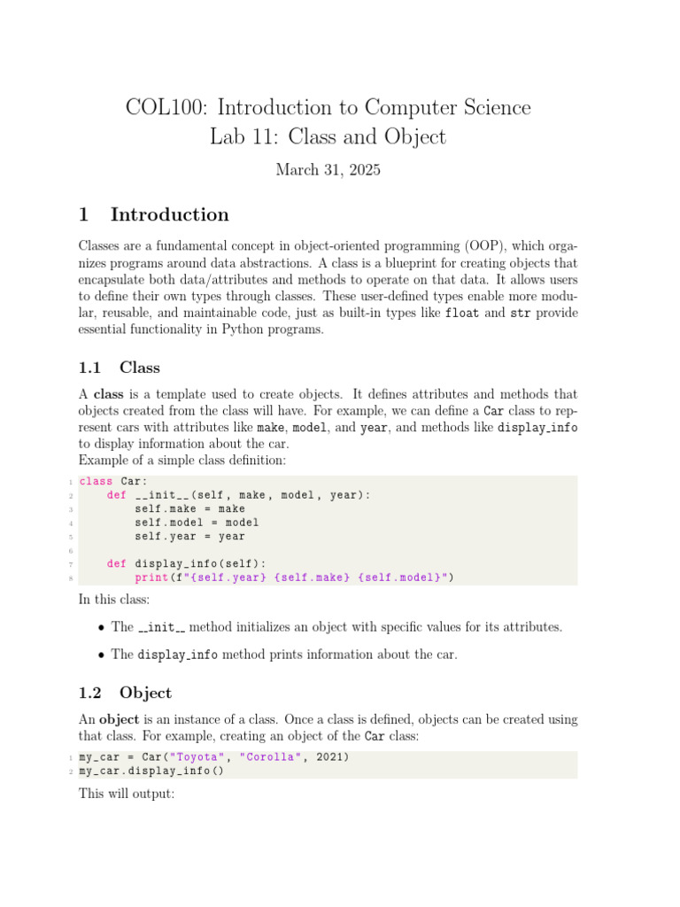 2024 25 COL100 Lab 11 Class Object | PDF | Class (Computer Programming) | Multiplication