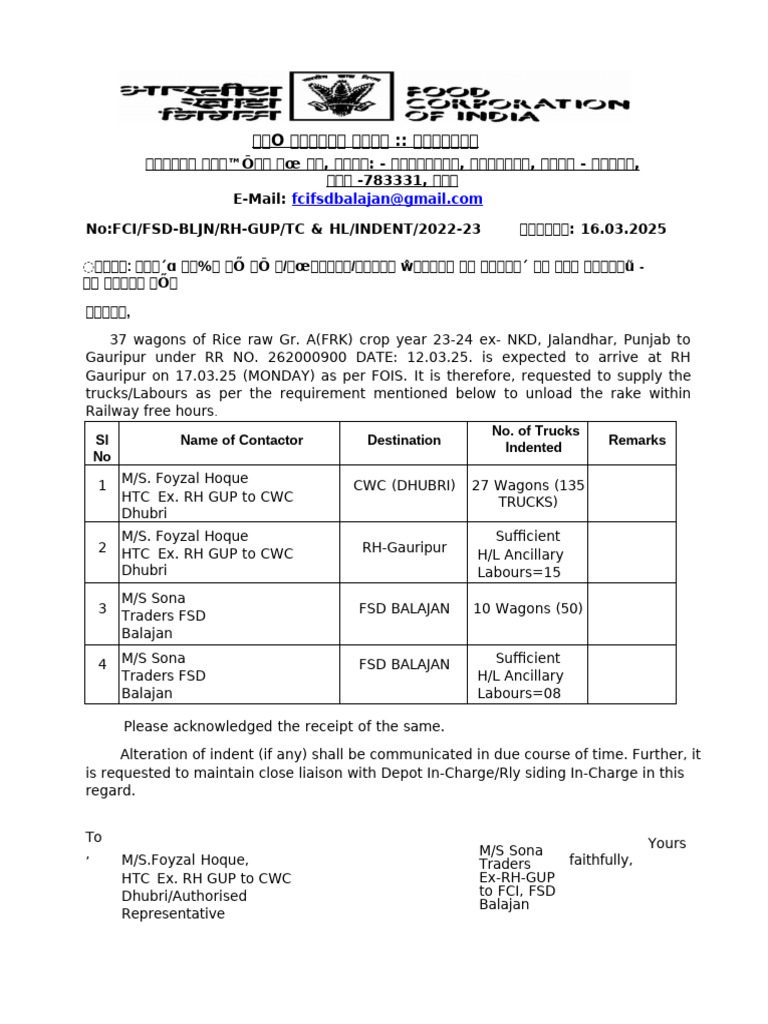 Truck Indent 23.02.2025 SHDM | PDF