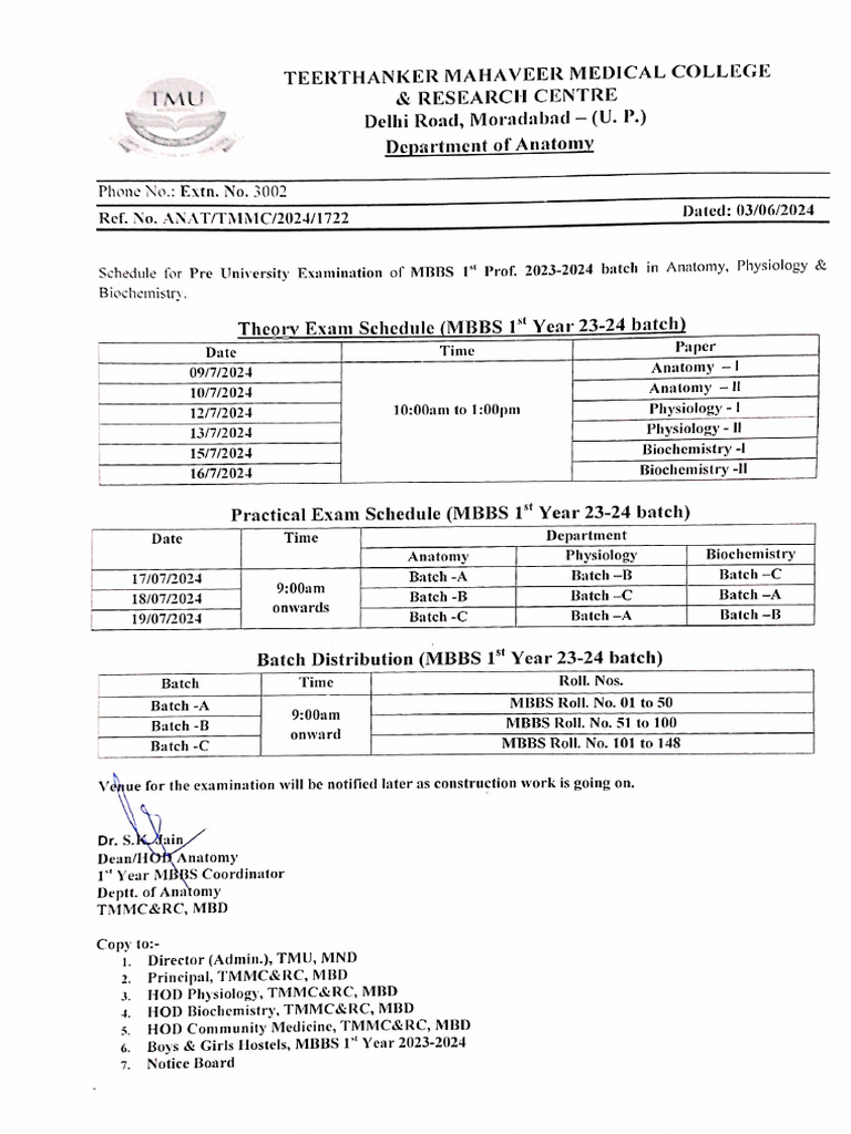 Schedule For Pre University Examination of MBBS 1s - 240603 - 115226 | PDF