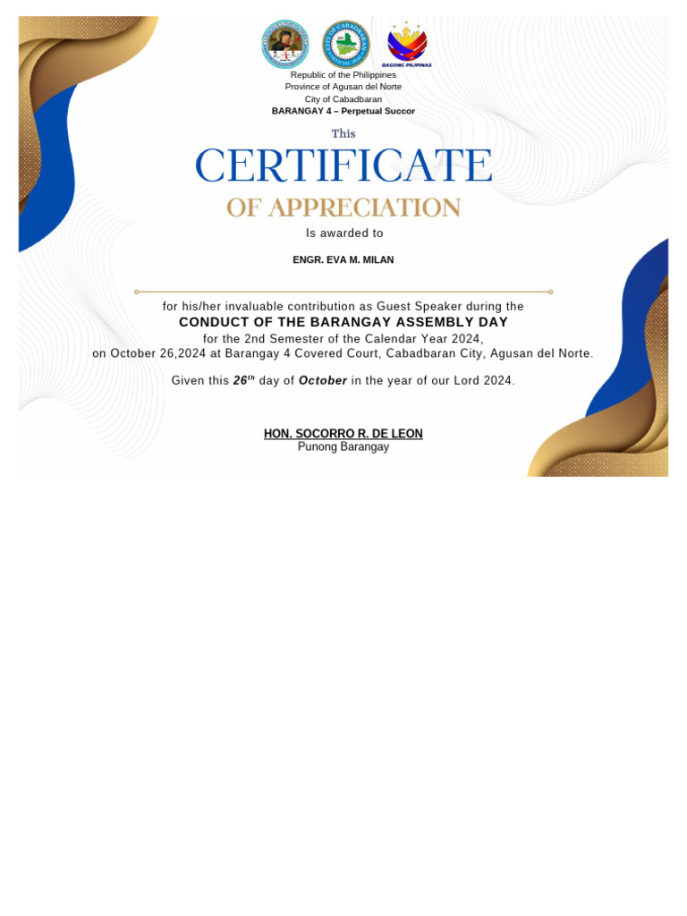 Annex F - Certificate of Appreciation To Be Issued by PB - October 2024 ...