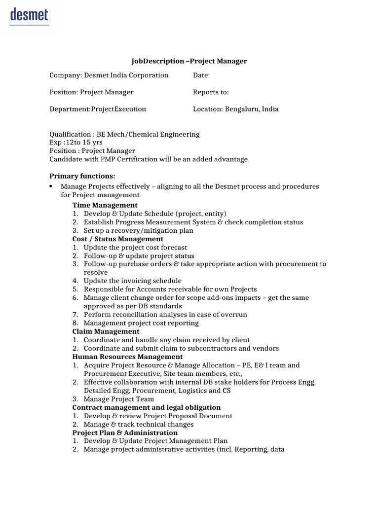 JD - Project ManagerRev.1 | PDF | Project Management | Procurement