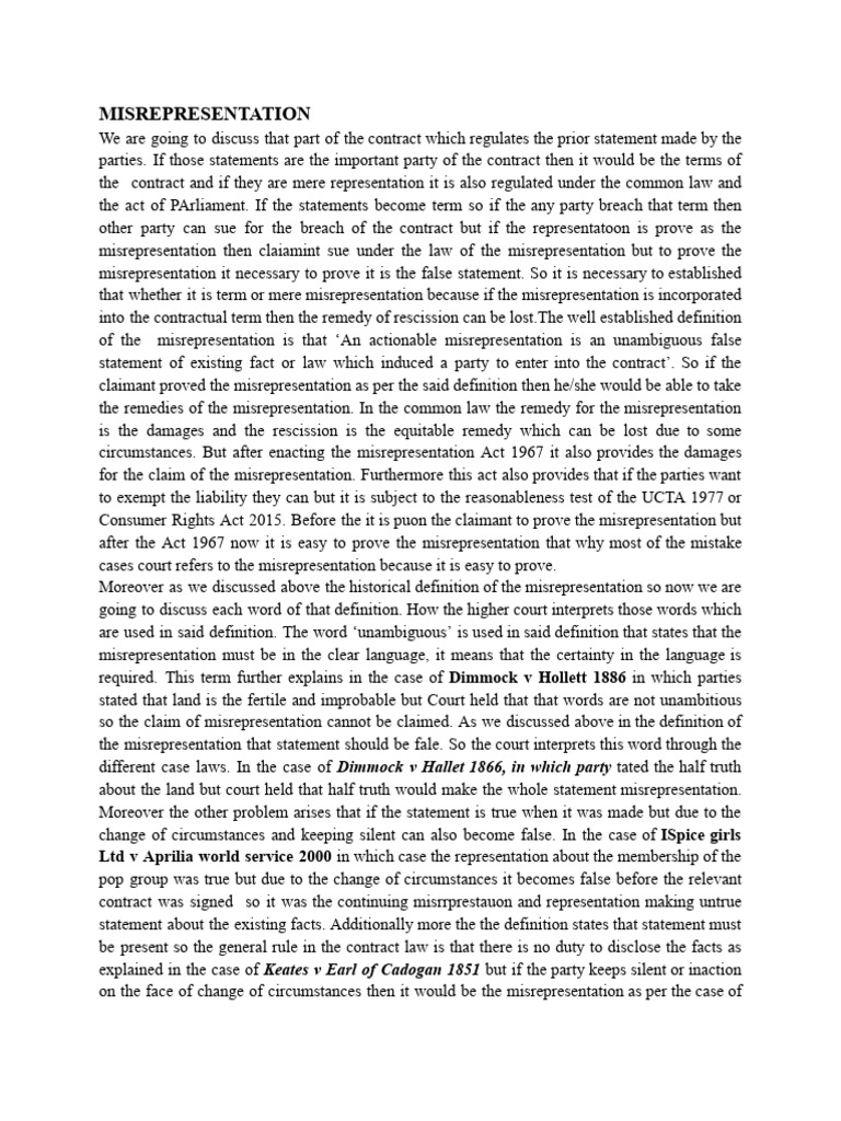 Misrepresentation Answer Essay | PDF | Misrepresentation | Damages