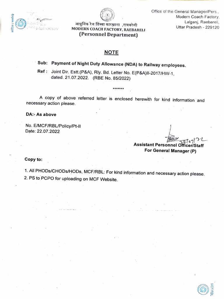 Payment of Night Duty Allowance (NDA) To Railway Employees | PDF