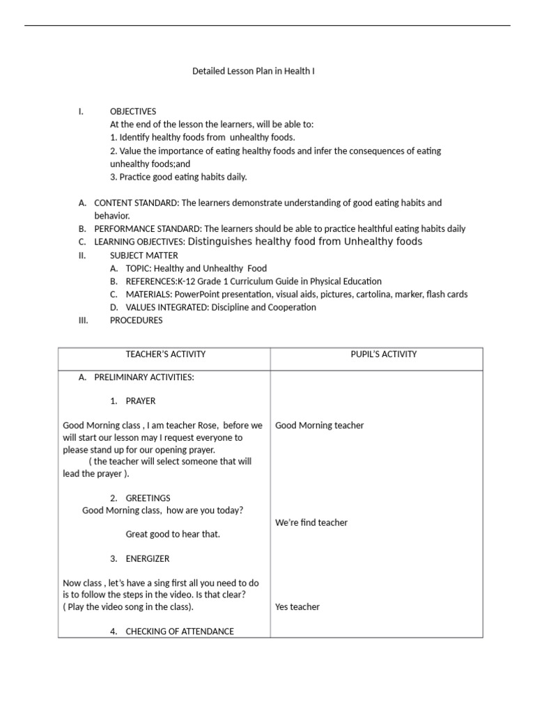 Healthy vs Unhealthy Foods Lesson Plan | PDF | Junk Food | Foods