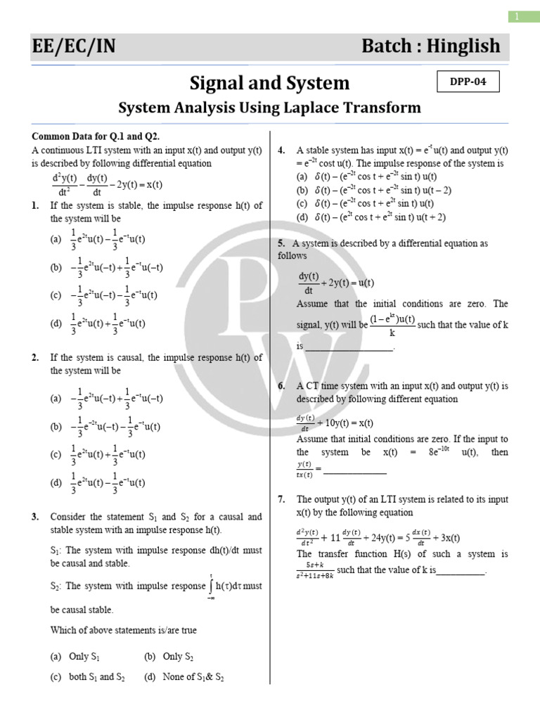 Laplace Transform - DPP-04 (Of Lec - 08 & 09) - Shreshth GATE 2025 Electrical Weekday (Hinglish ...